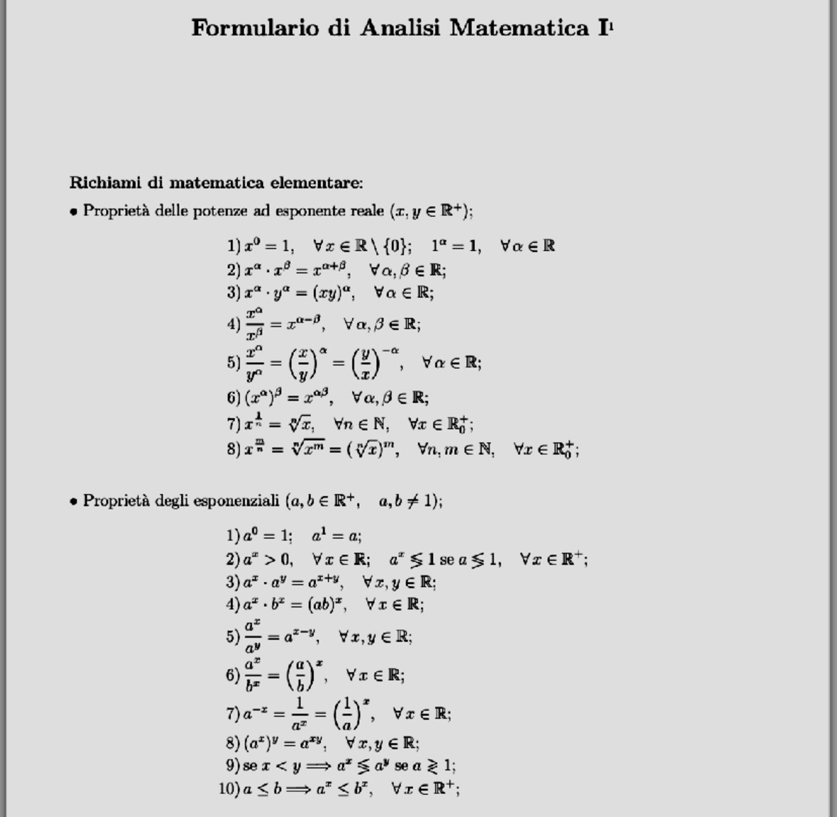 Formulario Analisi Matematica I - Ingegneria Gestionale - Studocu