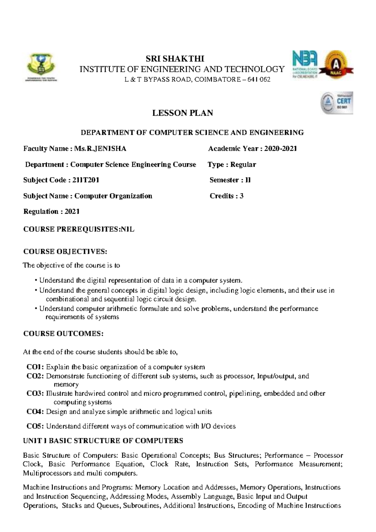 CO-Lesson Plan - Computer Organization and Architecture Tutorial ...