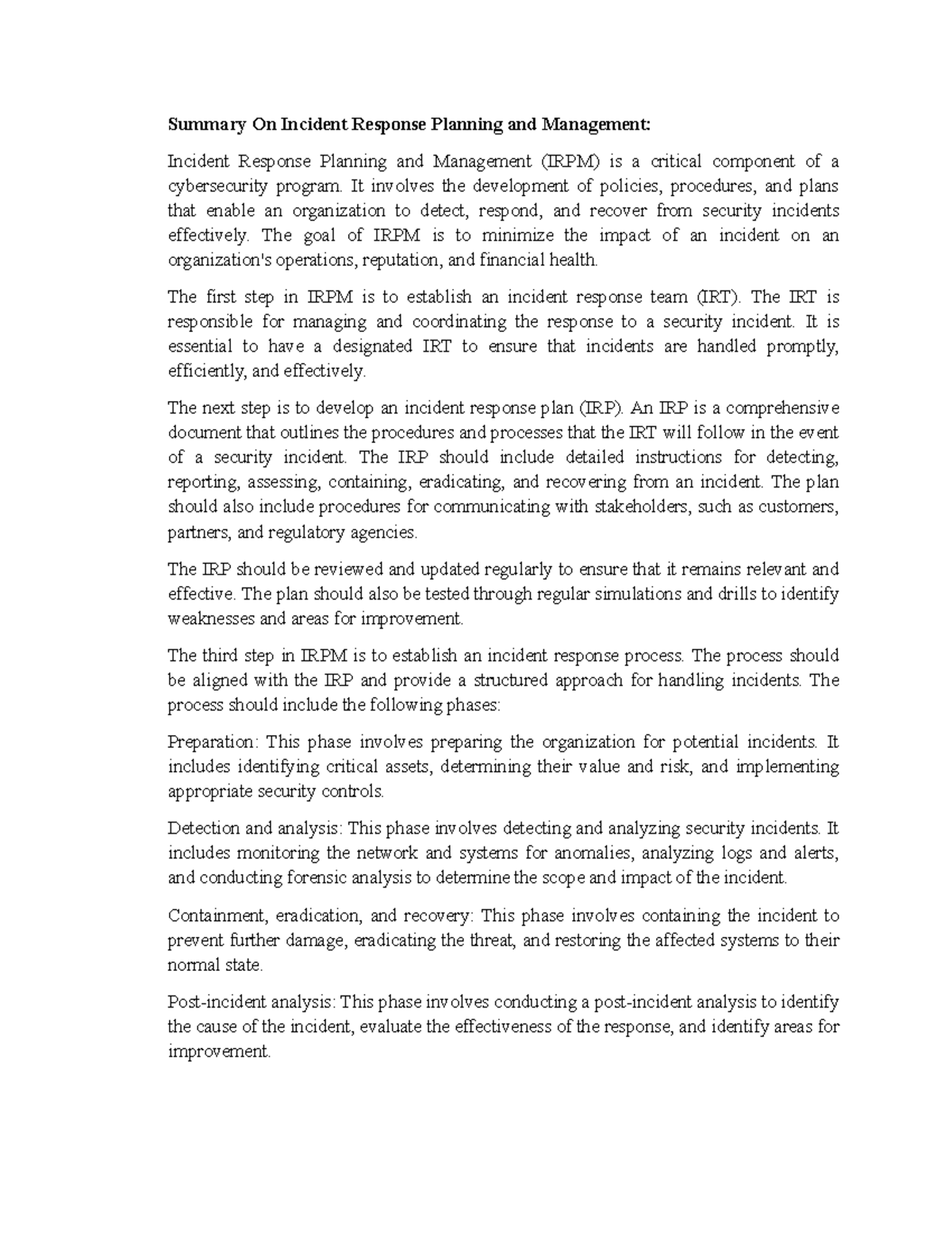 Summary On Incident Response Planning and Management - It involves the ...