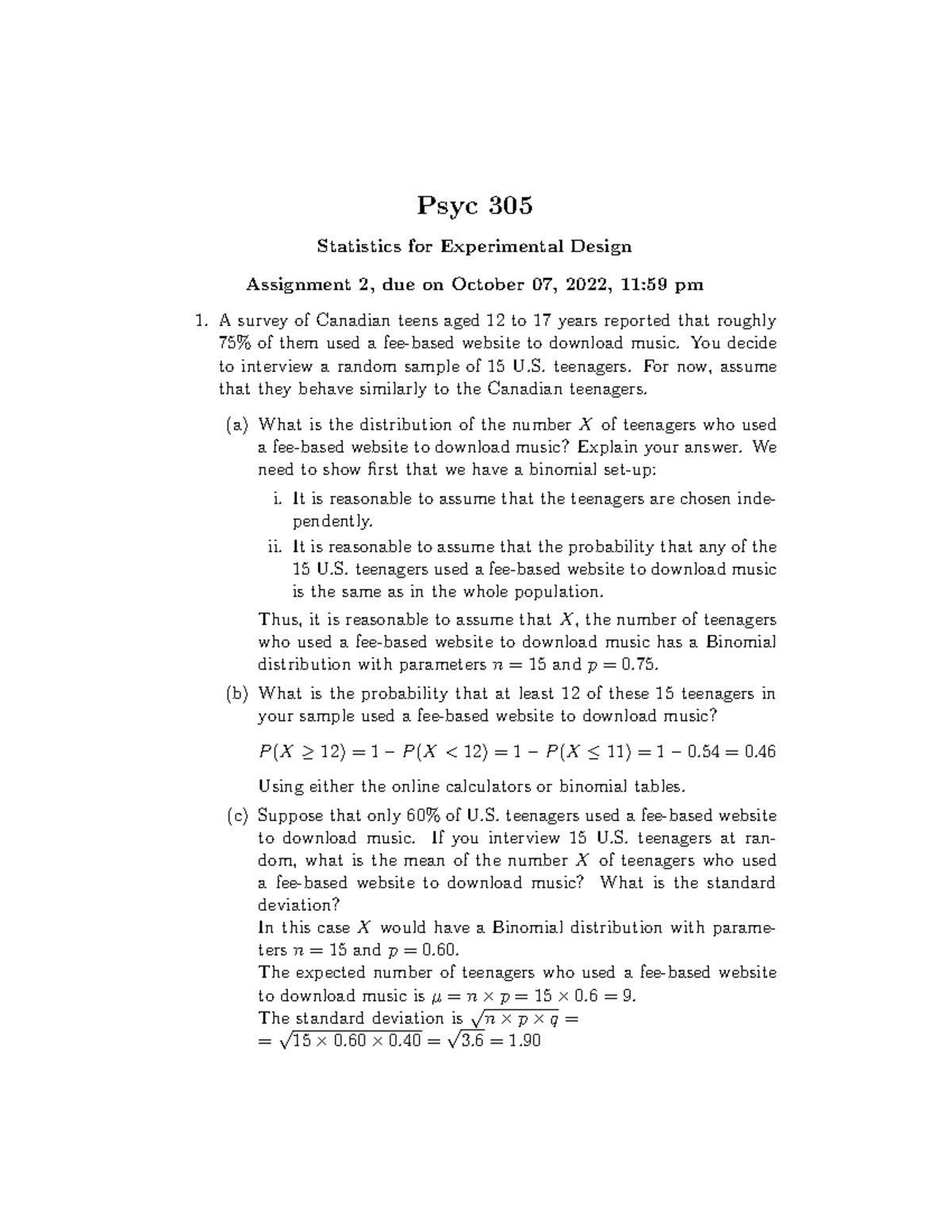 Assignment 2 Psyc 305 F 2022 - Psyc 305 Statistics for Experimental Design Assignment 2, due on ...