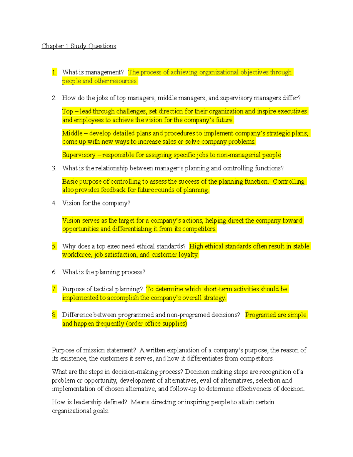 Chapter 1 Study Questions - Chapter 1 Study Questions: 1. What is management? The process of ...