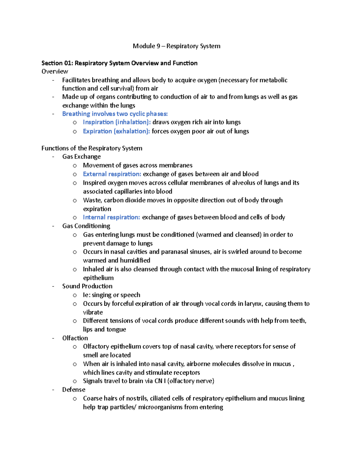 Module 9 - Respiratory System - Module 9 – Respiratory System Section ...