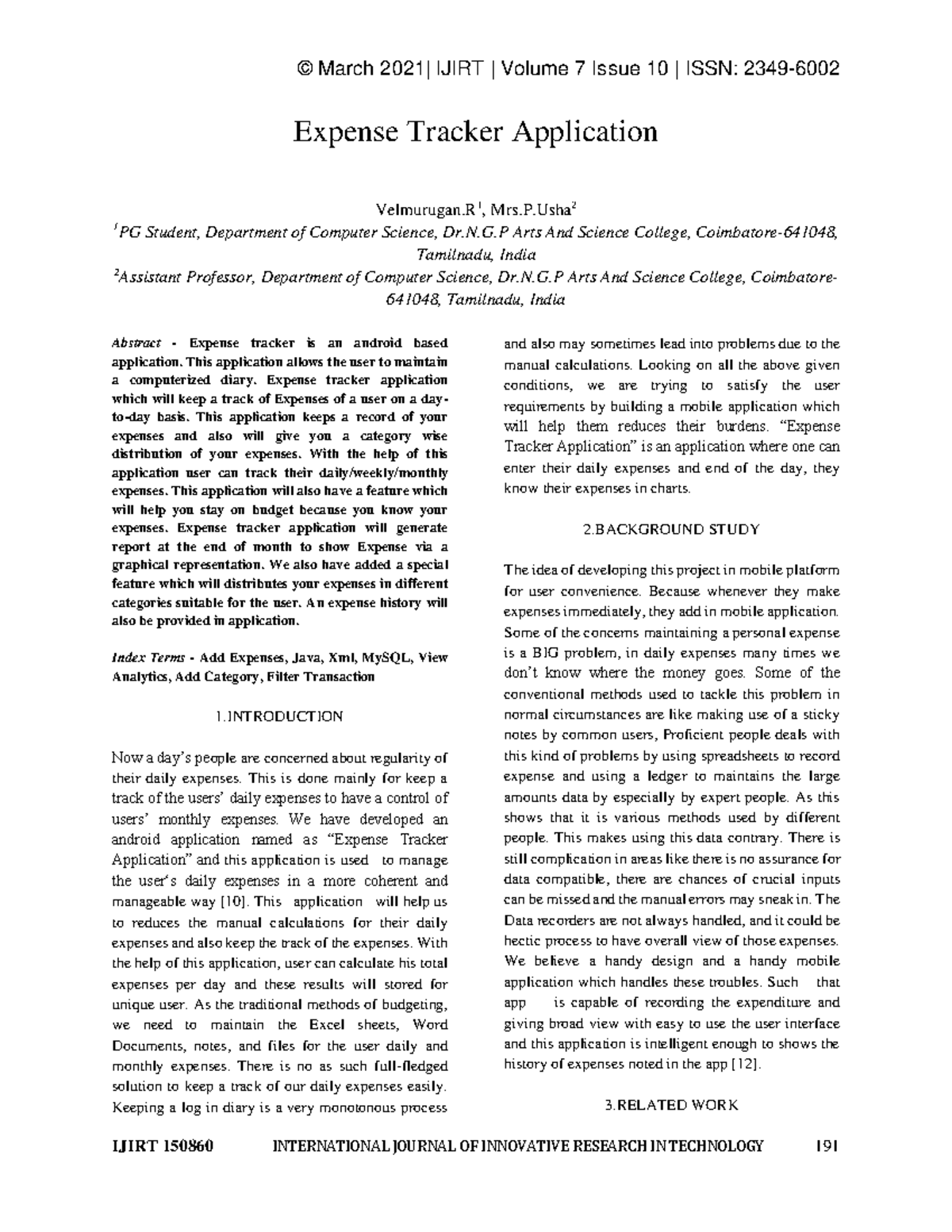 Ijirt 150860 Paper - Expense Tracker Application Velmurugan 1 , Mrs.P 2 ...