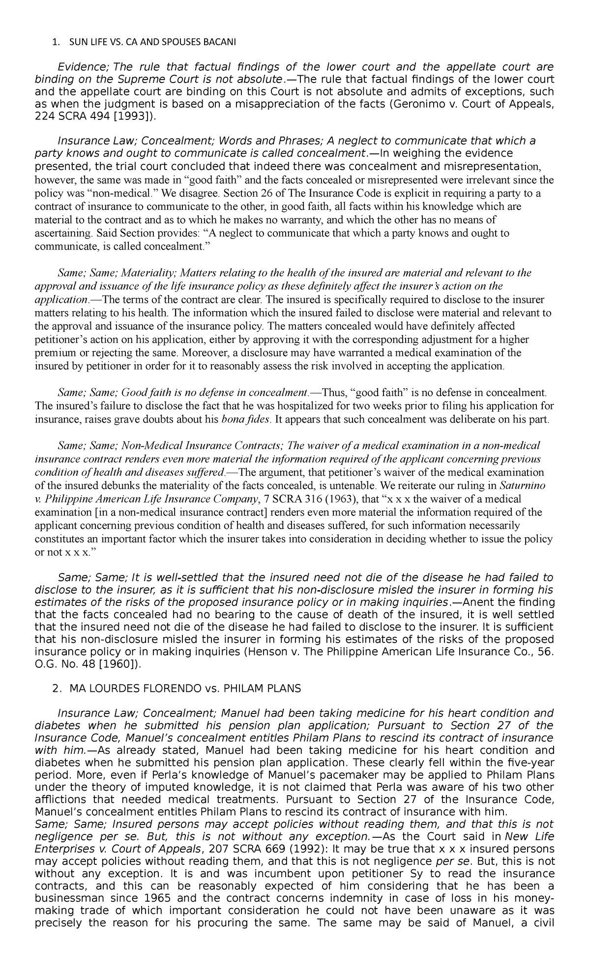 Insurance Finals Cases - 1. SUN LIFE VS. CA AND SPOUSES BACANI Evidence ...