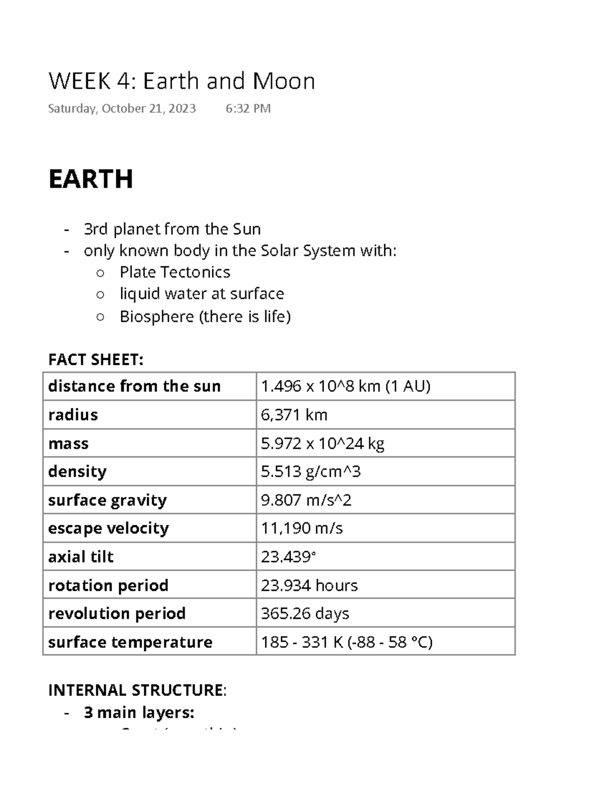 WEEK 4 Earth and Moon - notes - EARTH 3rd planet from the Sun only ...
