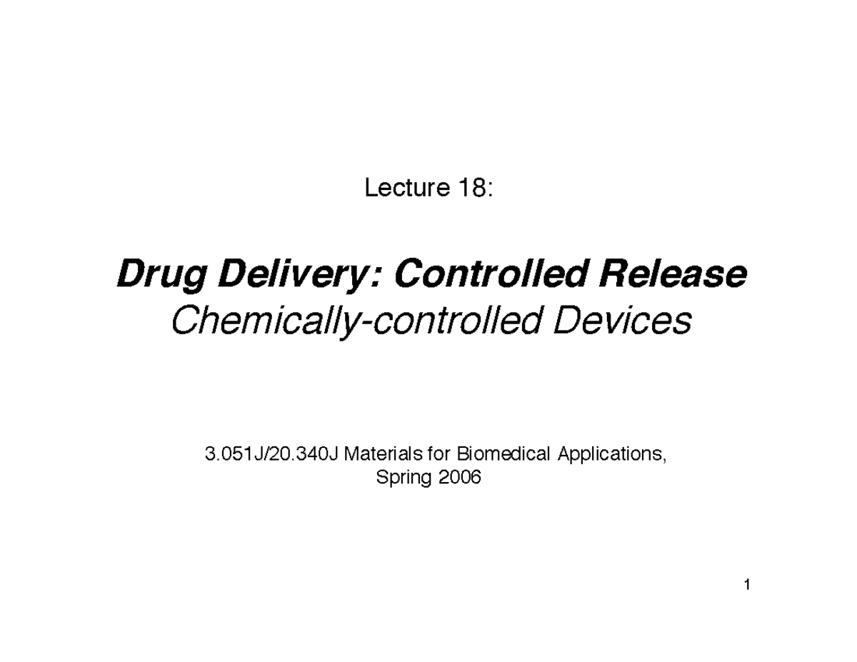 Drug Delivery Controlled Release - Lecture 18 : Drug Delivery ...