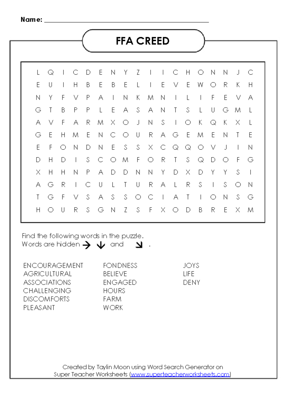 FFA Creed word search - xs,hgsx,db - Name