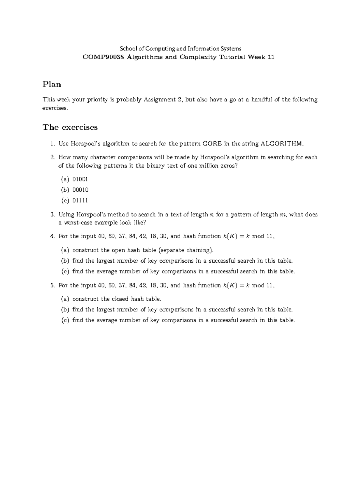 Tute 11 Tutorial Week 11 School Of Computing And Information Systems Comp90038 Algorithms