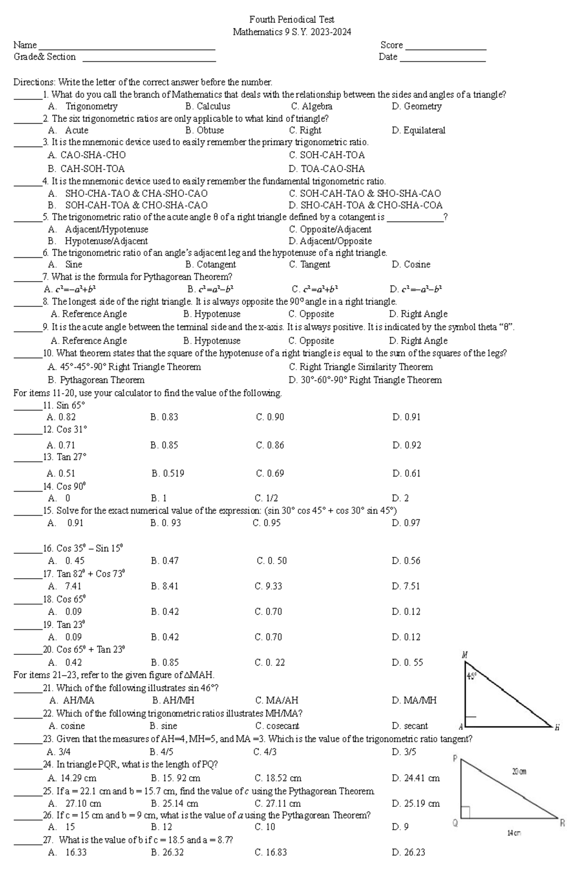 4th Periodical Test Mathematics 9 to print - Fourth Periodical Test ...