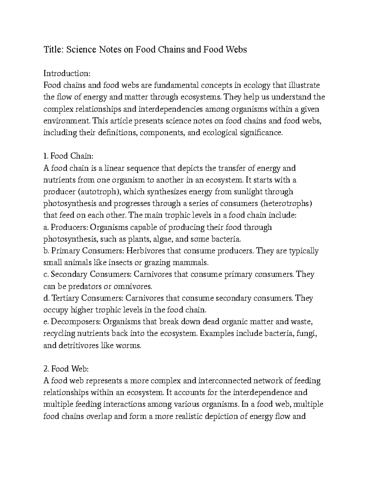 Title Science Notes on Food Chains and Food Webs - Studocu