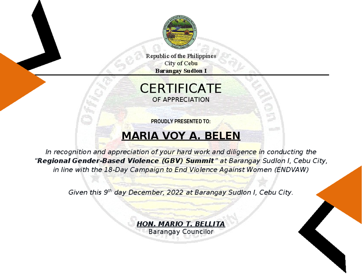 Certificate of Appreciation - Republic of the Philippines City of Cebu Barangay Sudlon I ...