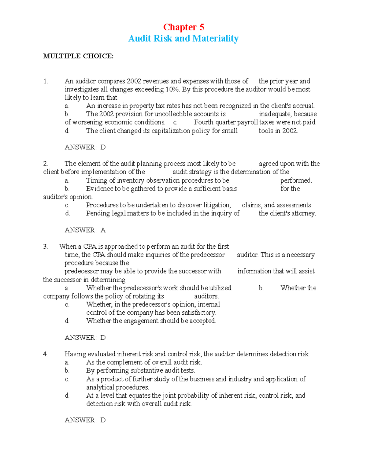 Ch05 Audit Risk And Materiality - Chapter 5 Audit Risk and Materiality ...