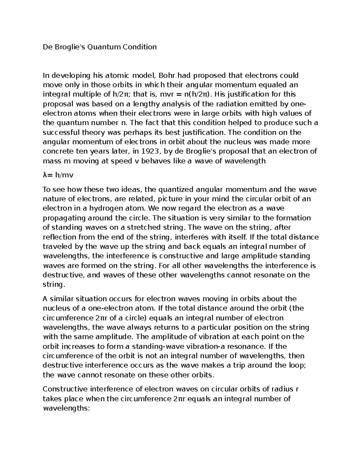 De Broglie - LECTURE - De Broglie's Quantum Condition In developing his ...