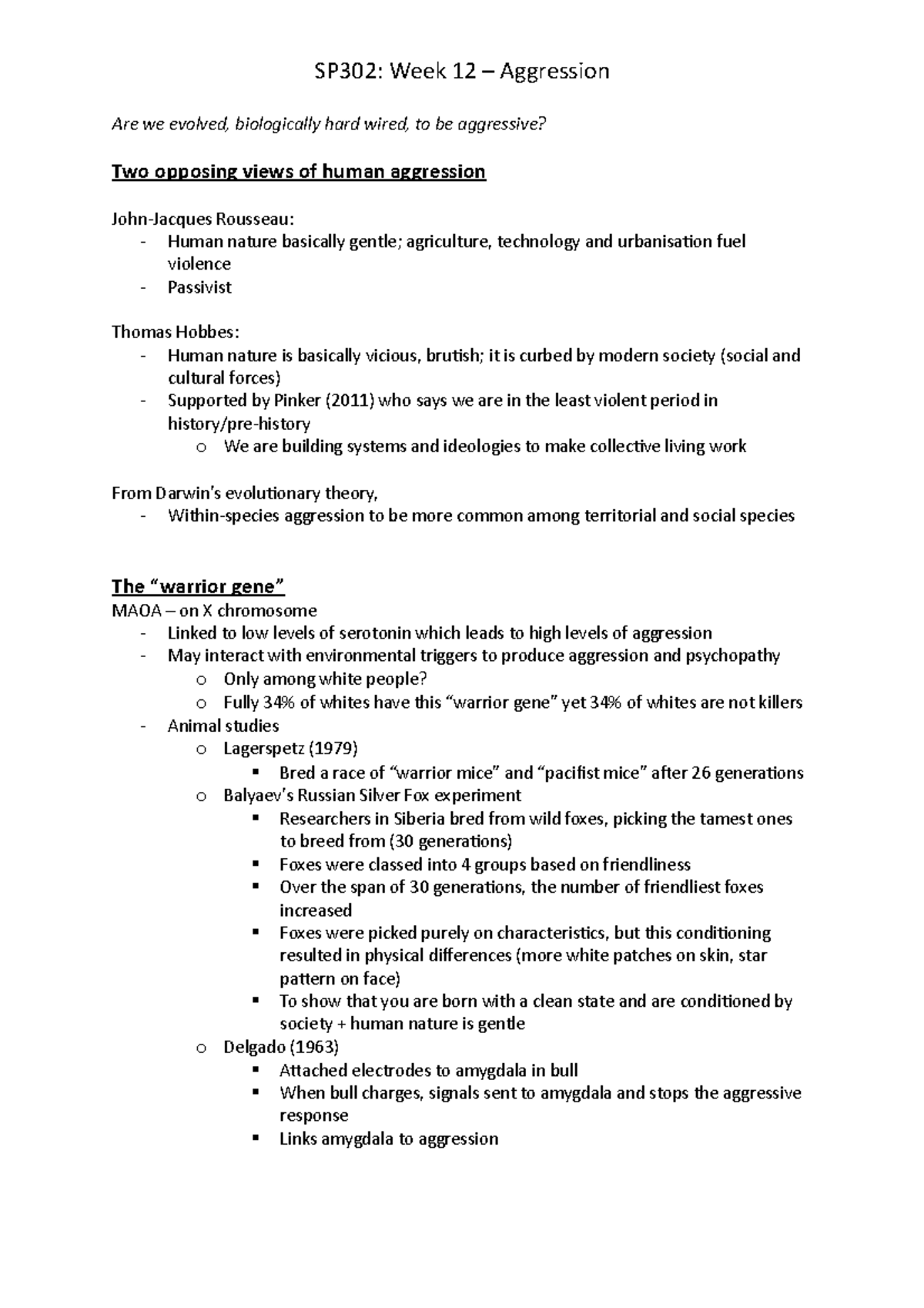 Week 12 - Aggression - Lecture notes 12 - SP302: Week 12 – Aggression ...
