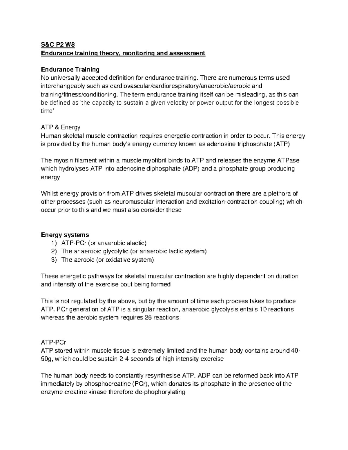 SC P2 W8 - SC P2 W8 - S&C P2 W Endurance training theory, monitoring and assessment Endurance ...