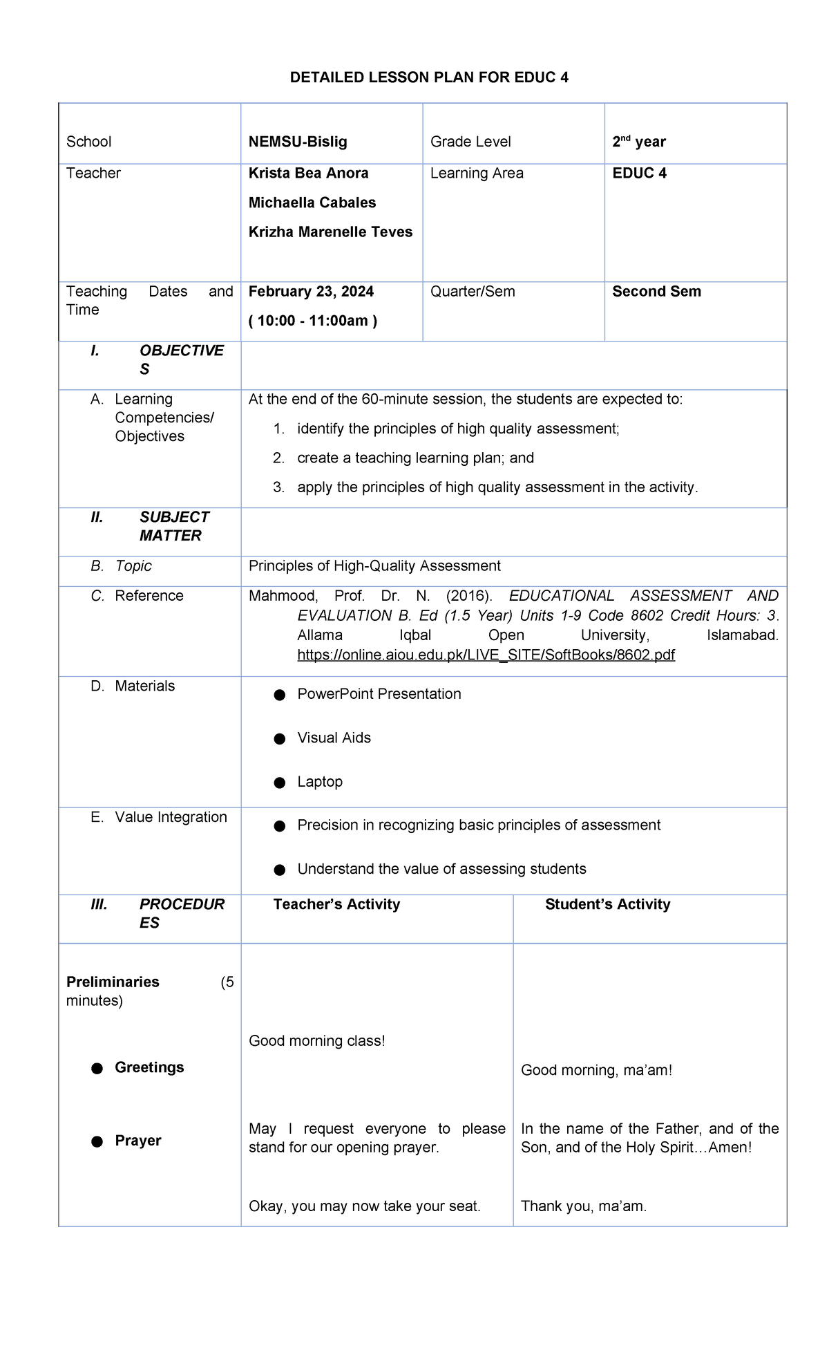 EDUC4 veryfinal - DETAILED LESSON PLAN FOR EDUC 4 School NEMSU-Bislig ...