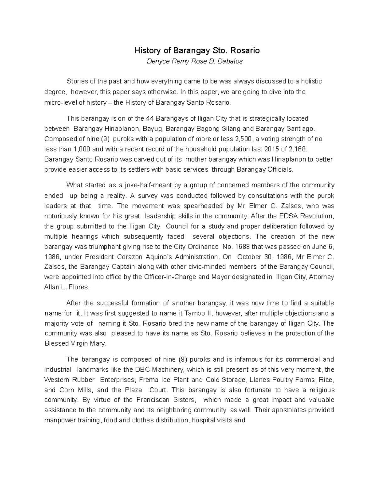 History of Brgy. Sto Rosario Dabatos - History of Barangay Sto. Rosario Denyce Remy Rose D ...