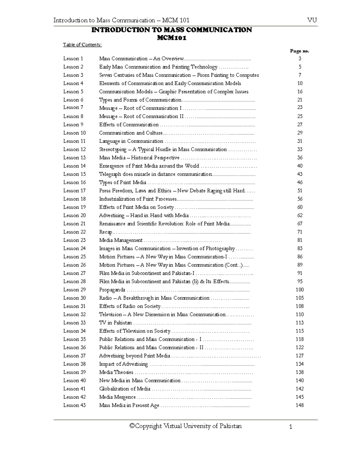 Final latest MCM 101 - INTRODUCTION TO MASS COMMUNICATION Table of ...