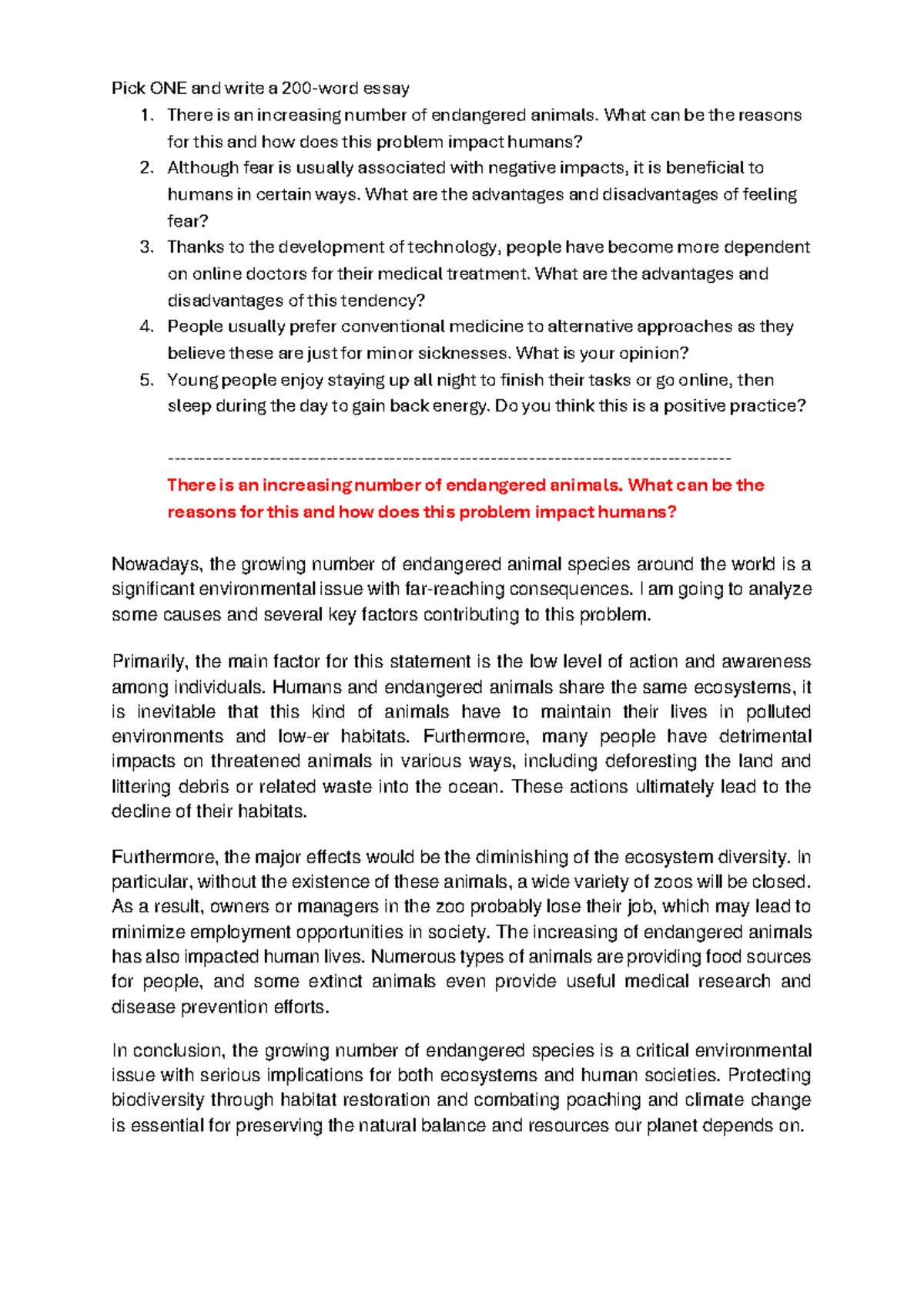 Writing TASK 2 Endangered Animals - Pick ONE and write a 200-word essay ...