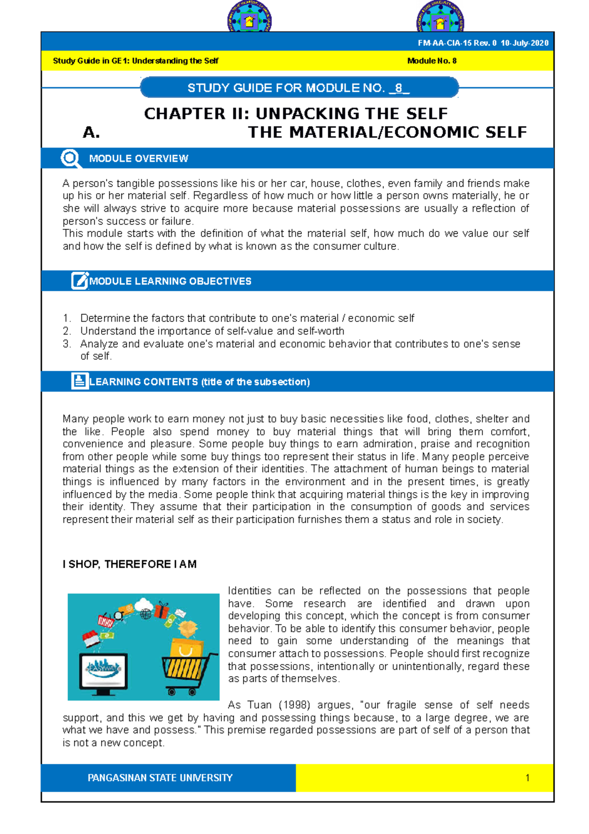 GE1 Module 8 - Material Self - Understanding the Self - PangSU - Studocu