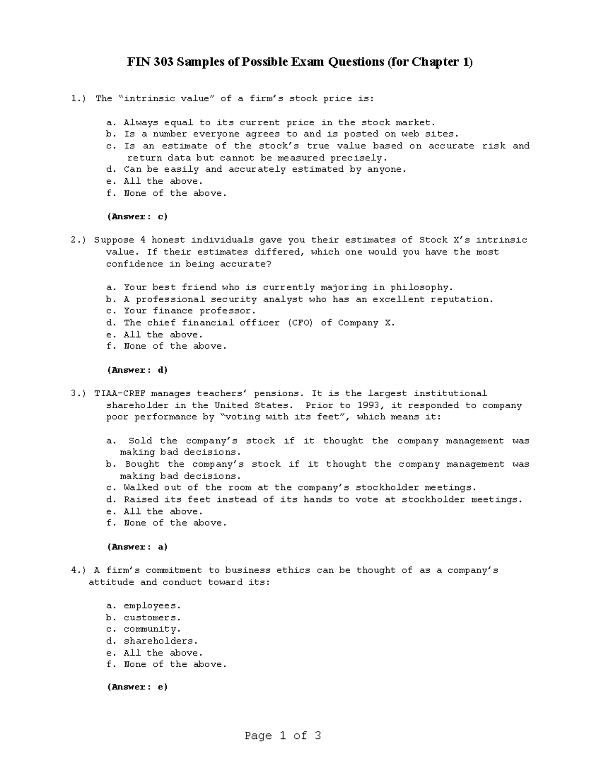 Samples of Possible Test Questions for FIN 303 Ch 1 - FIN 303 Samples ...