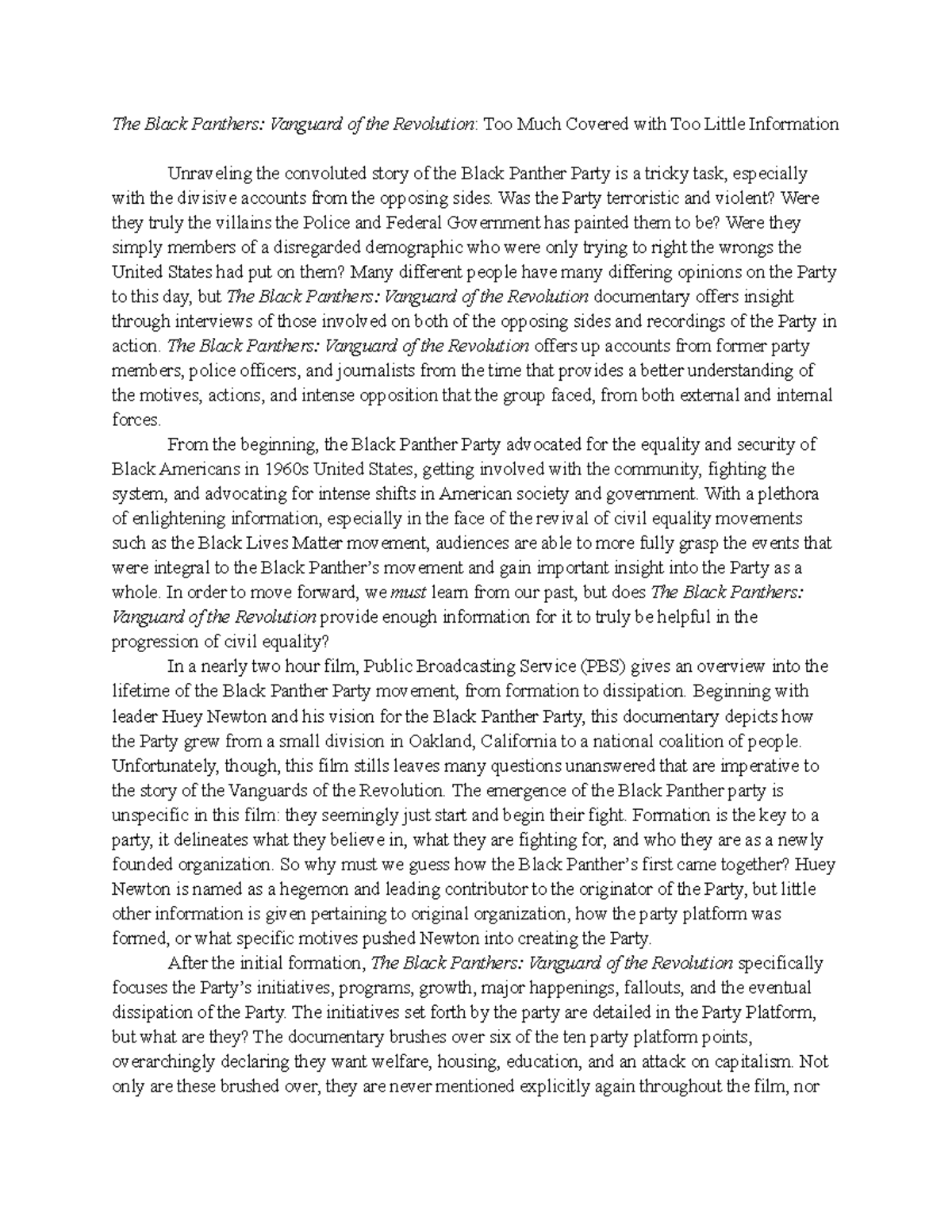 Multicultural Topics in Literature Essay 2 - The Black Panthers ...