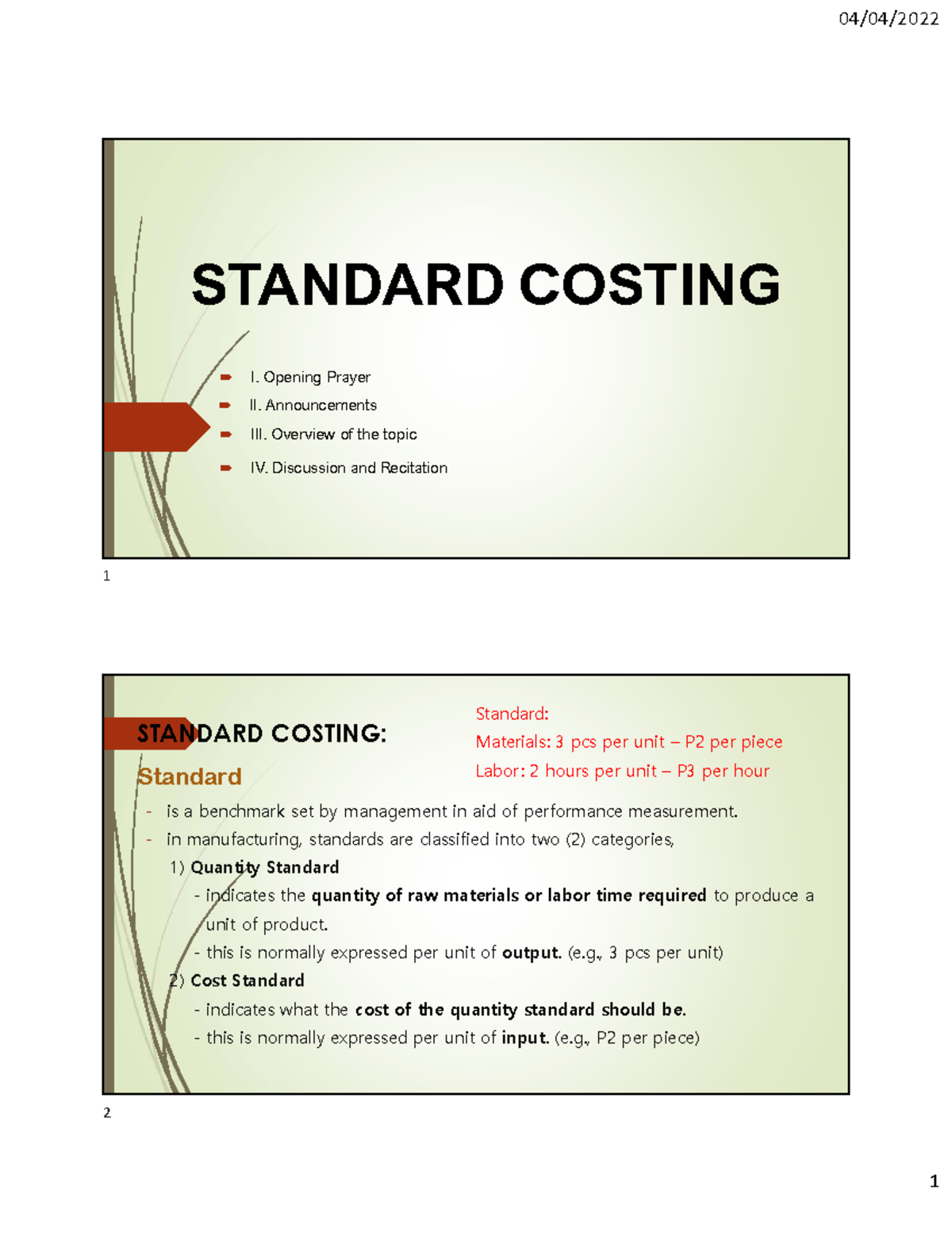Standard-Costing-PPT - STANDARD COSTING I. Opening Prayer II ...