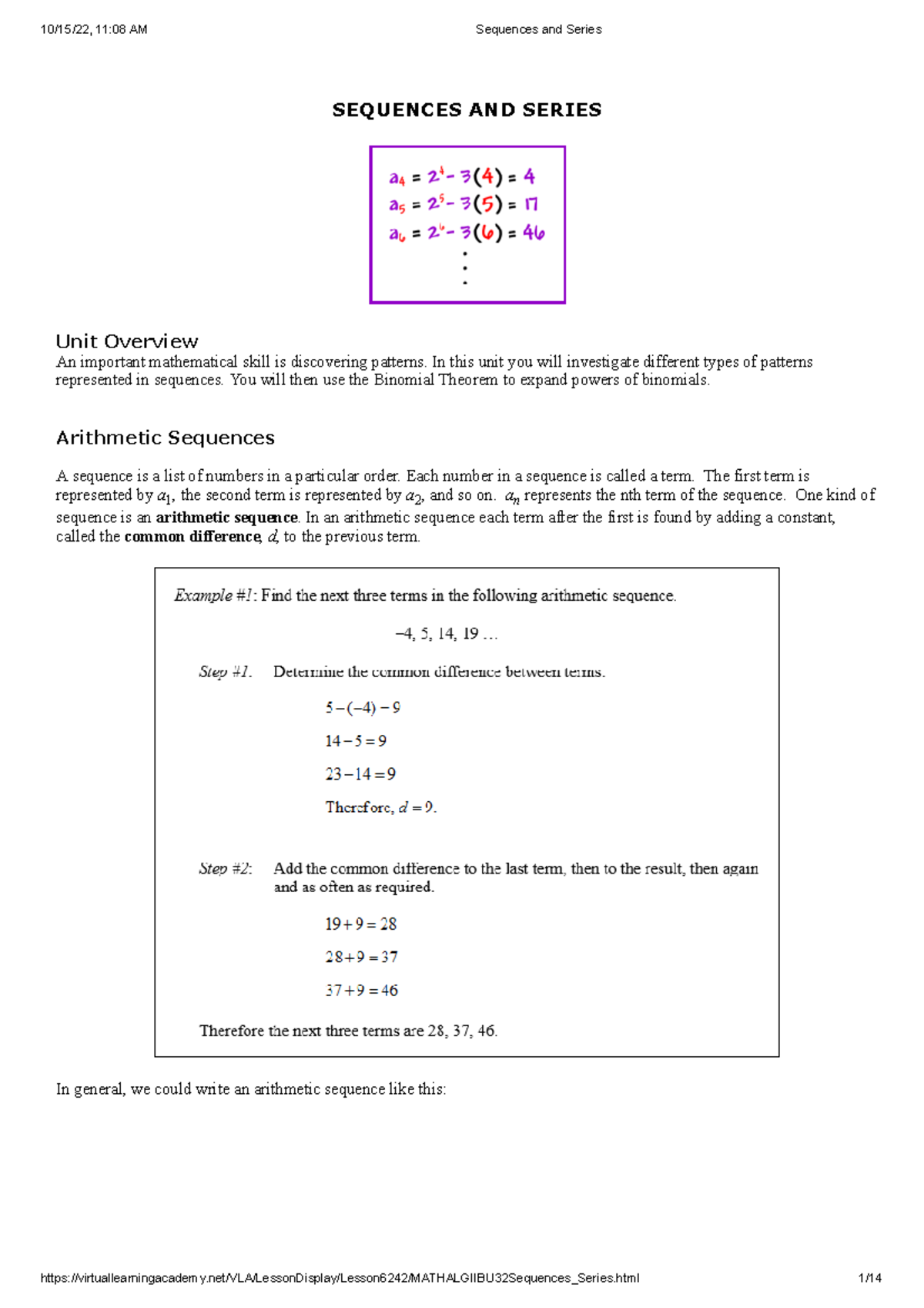ECO3193 Chapter 6B - Calculus - SEQUENCES AND SERIES Unit Overview An ...