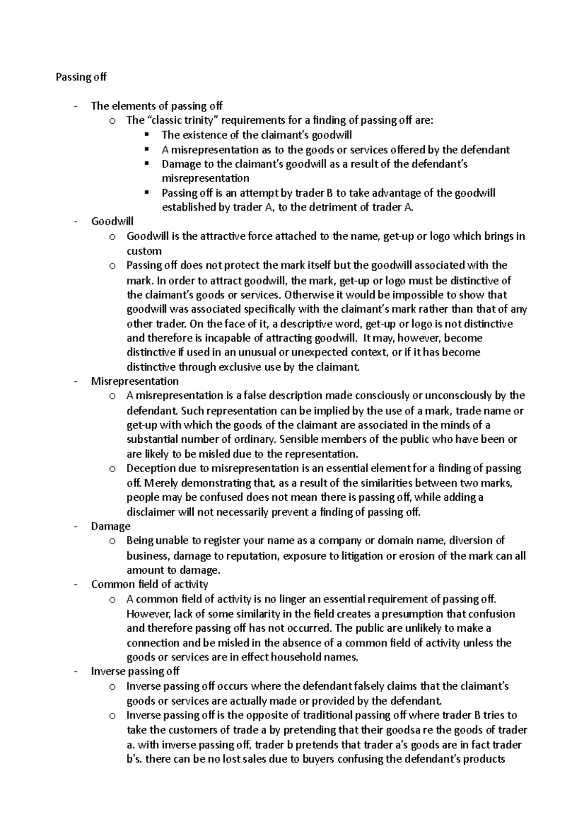 Lecture 10 - Passing off - Passing off The elements of passing off o ...