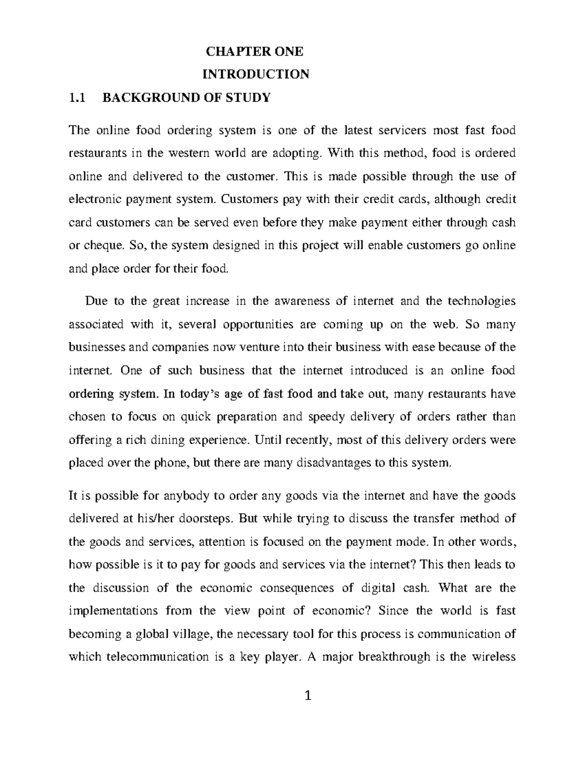Design AND Implementation OF Online FOOD Ordering System - CHAPTER ONE INTRODUCTION 1 BACKGROUND ...