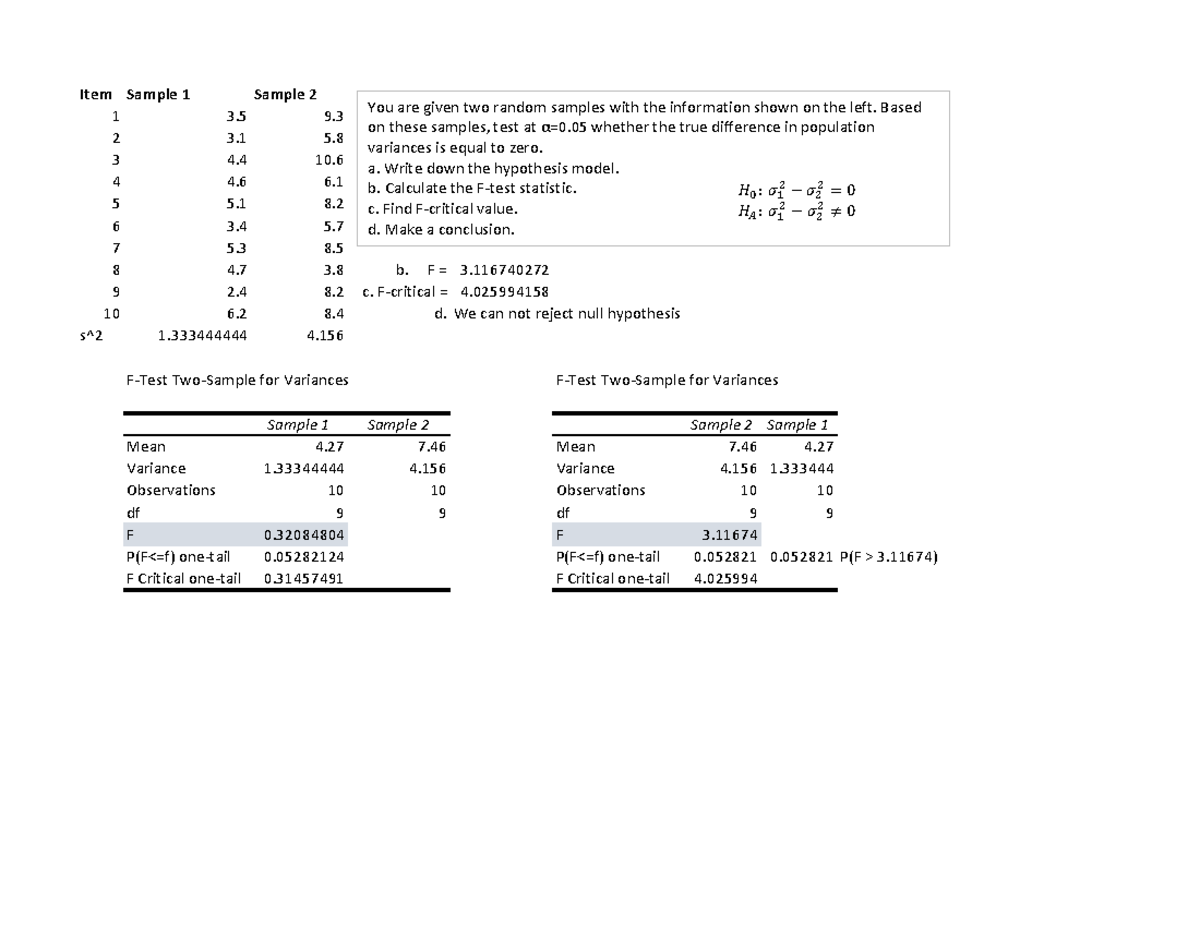 Solutions to F-Test Exercise - Quantitative Method - Item Sample 1 ...