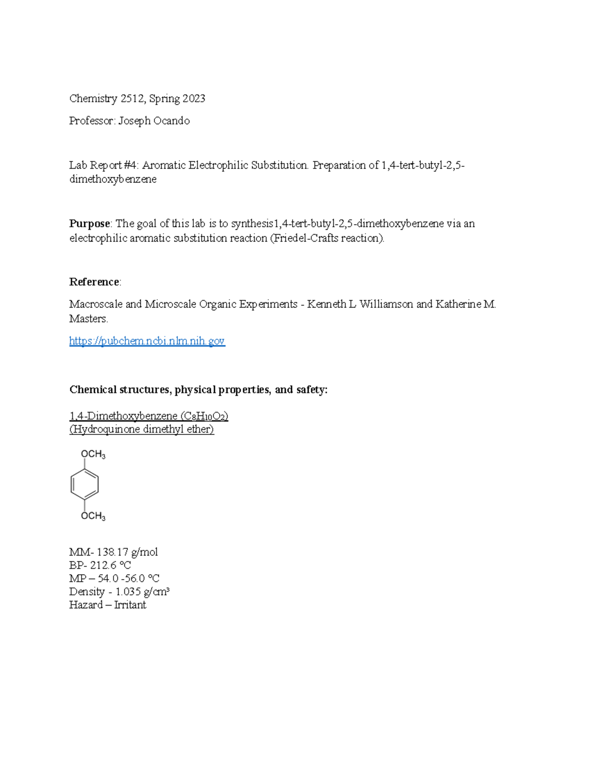 Organic Chemistry 2 Lab report 4 - Chemistry 2512, Spring 2023 ...