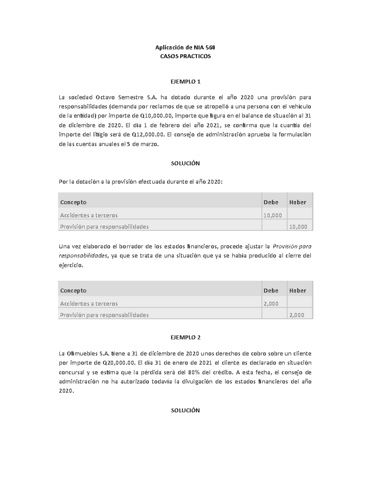 Casos Practicos NIA 560 - Aplicación de NIA 560 CASOS PRACTICOS EJEMPLO ...