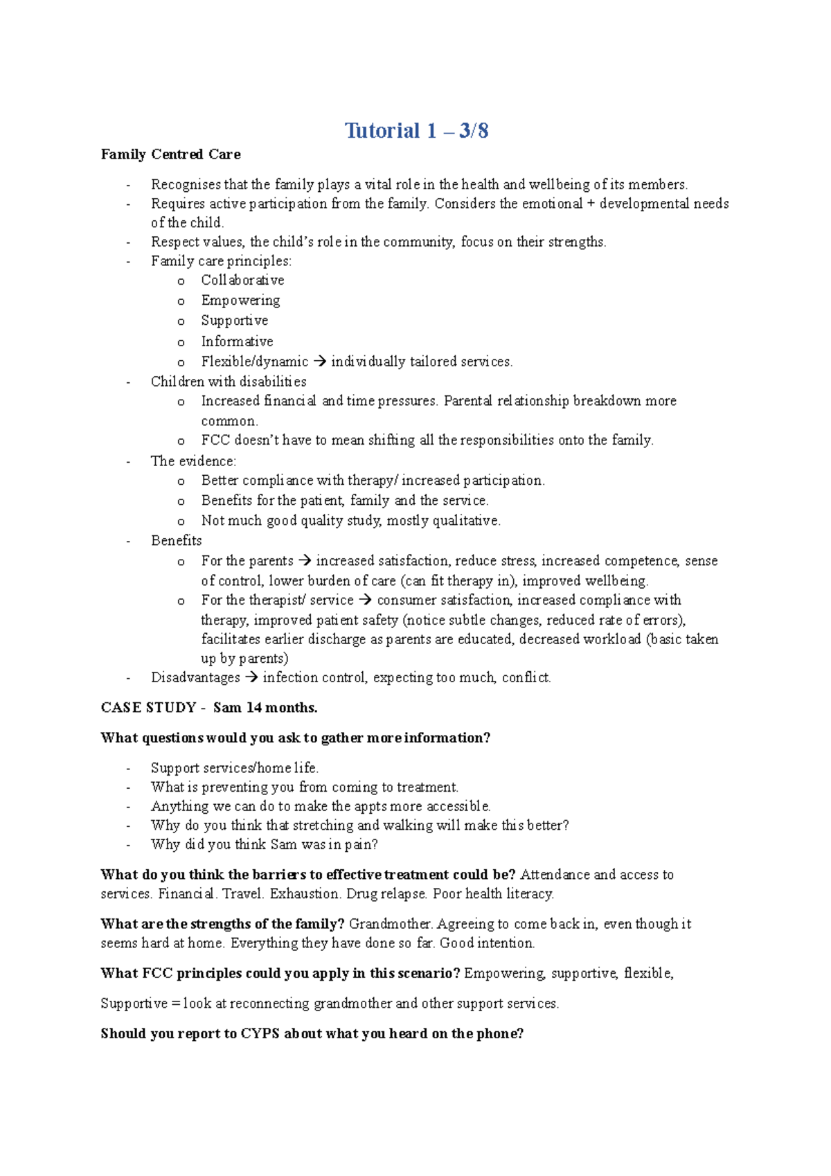 Tutorial 1.1 FCC - family centred care - Tutorial 1 – 3/ Family Centred Care Recognises that the ...