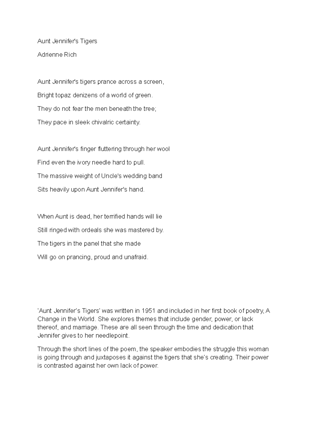 Aunt Jennifer - All notes for this poems - Aunt Jennifer's Tigers ...