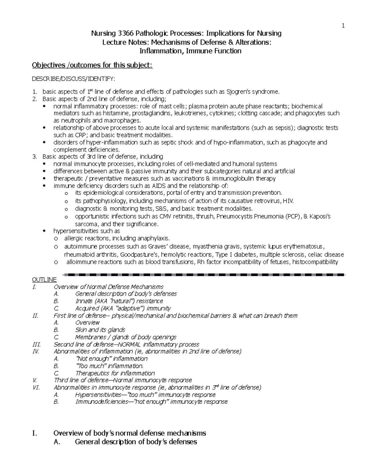 Lecture Notes - Mechanisms of Defense - Nursing 3366 Pathologic ...