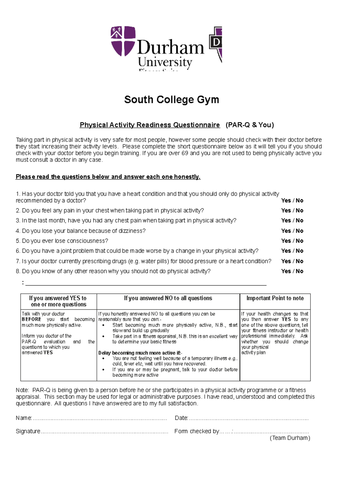 PARQ - Gym PARA - South College Gym Physical Activity Readiness ...
