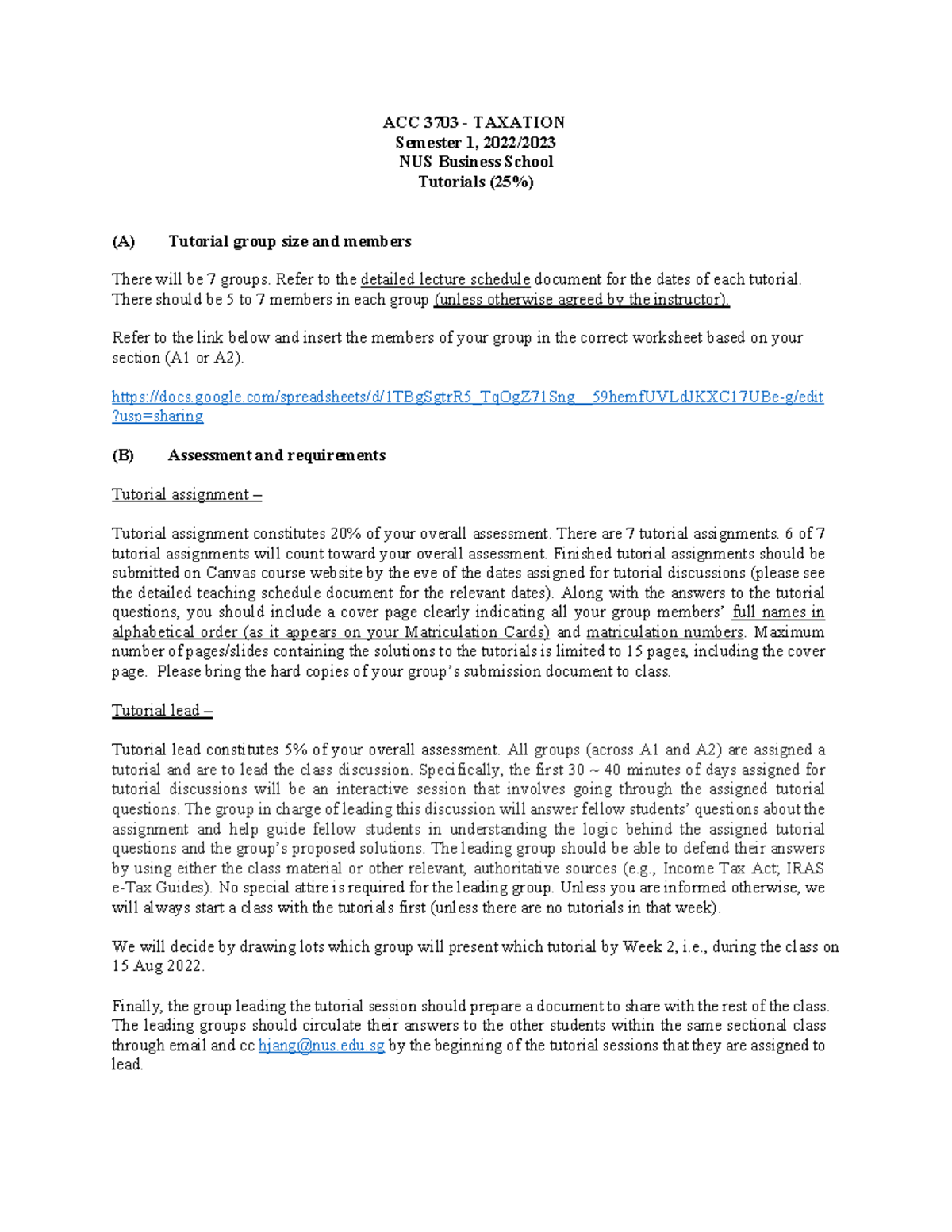 Tutorial - TUT questions - ACC 3703 - TAXATION Semester 1, 2022/ NUS ...