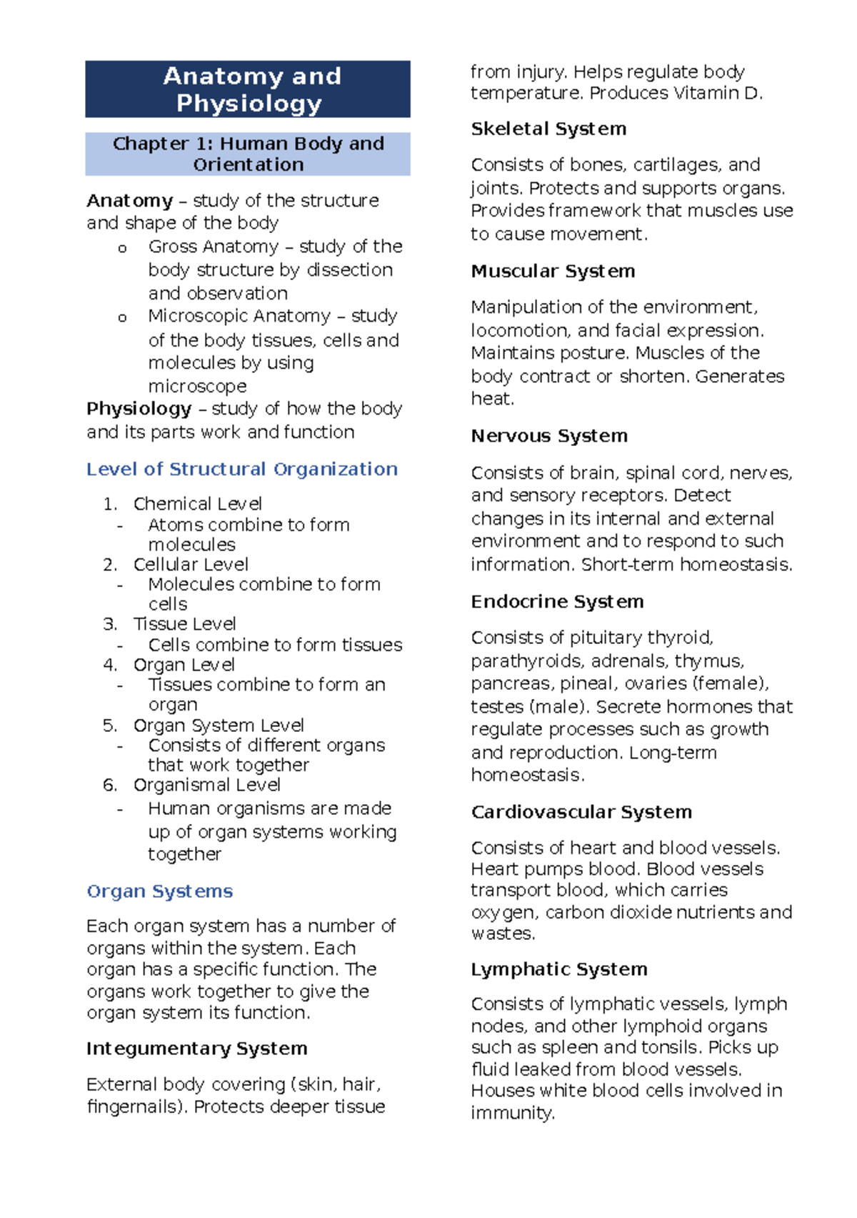 Anaphy Prelims - Anatomy and Physiology Chapter 1: Human Body and ...