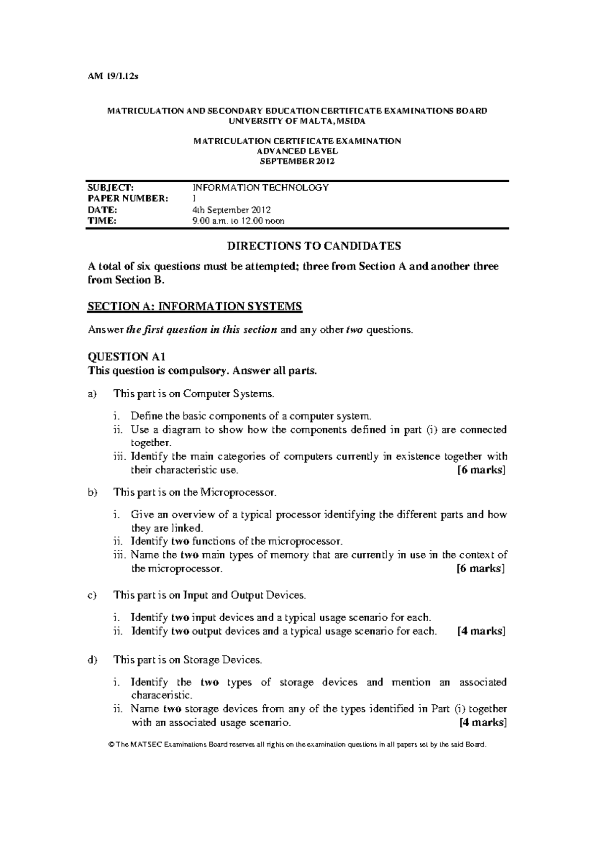 SEP 2012 - Computer Aided Design - AM 19/I © The MATSEC Examinations ...