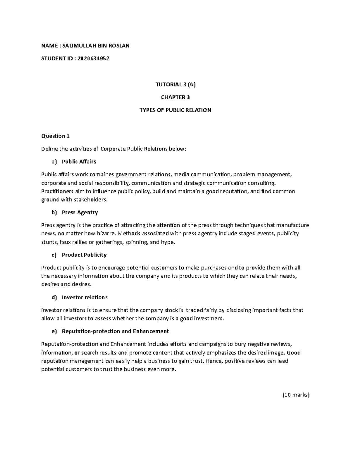 MKT310 TT C3 - week 3 tutorial - NAME : SALIMULLAH BIN ROSLAN STUDENT ...
