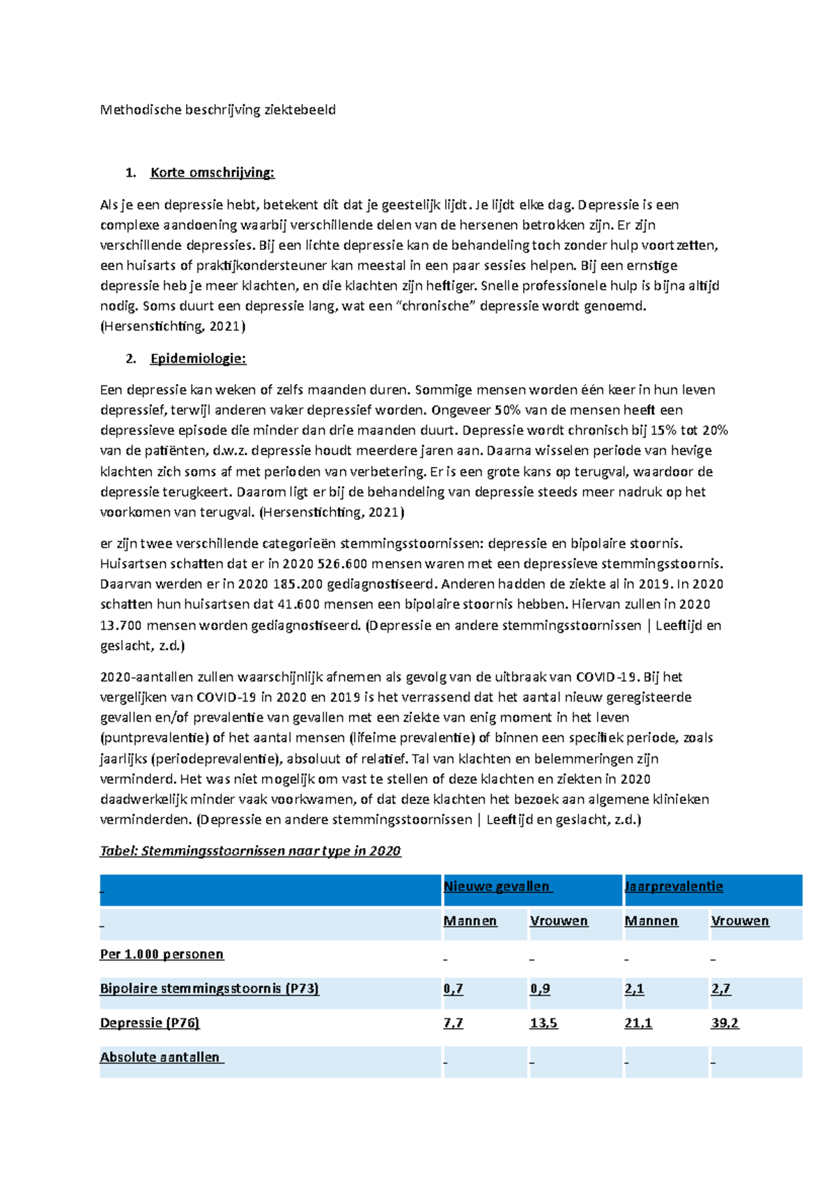 Depressie - Methodische beschrijving ziektebeeld Korte omschrijving ...