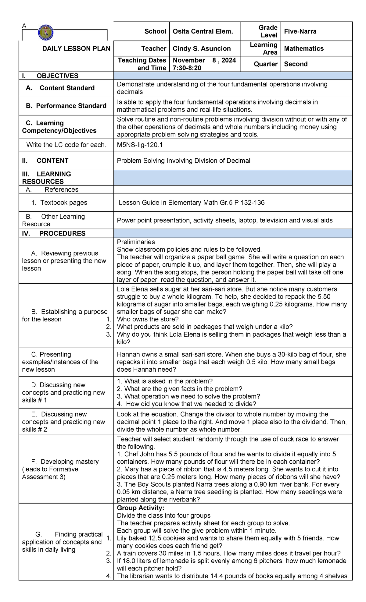 Math-5 LP - MATHEMATHICS LESSON PLAN - A School Osita Central Elem ...