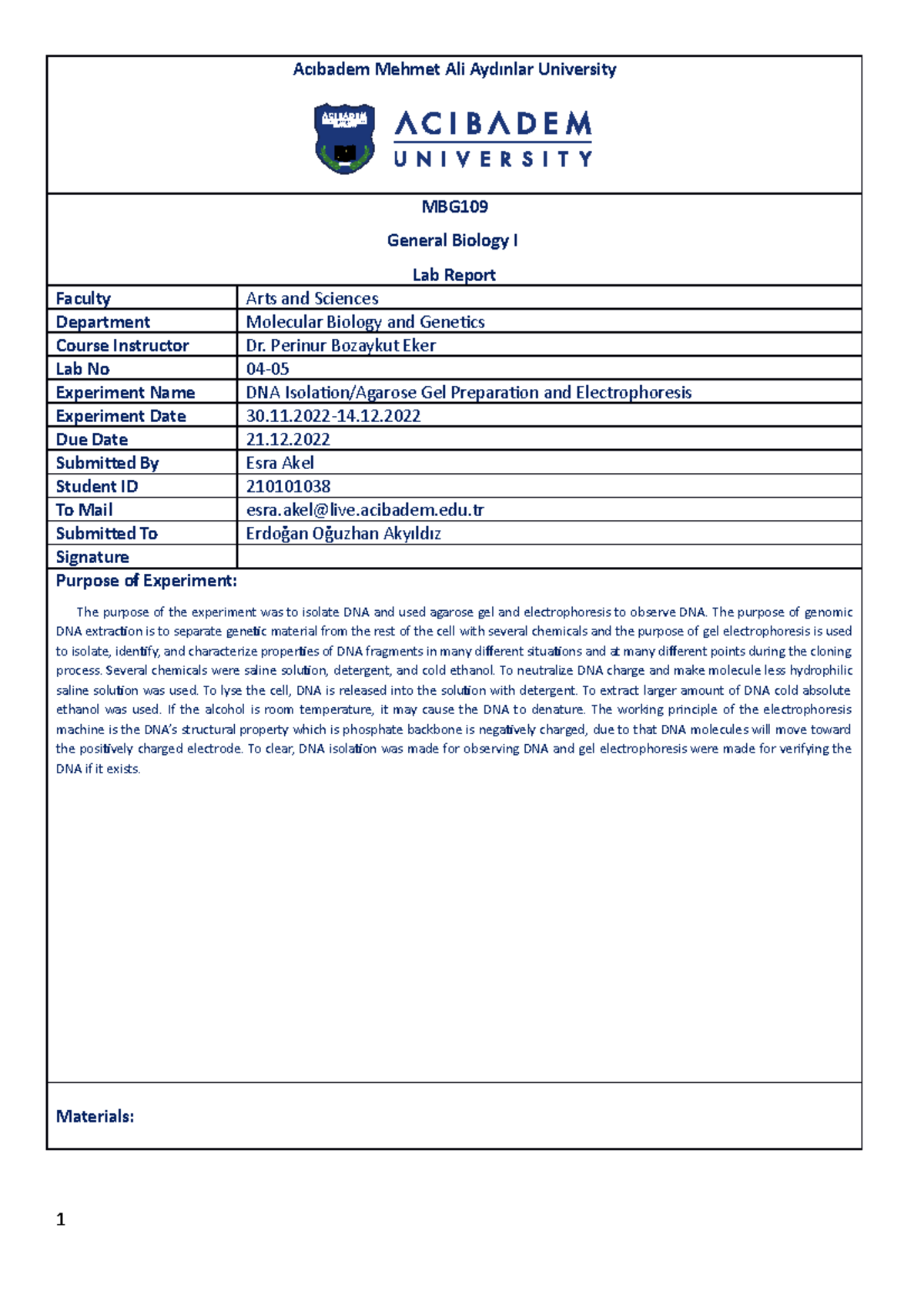 General biology 1 lab report - Acıbadem Mehmet Ali Aydınlar University ...