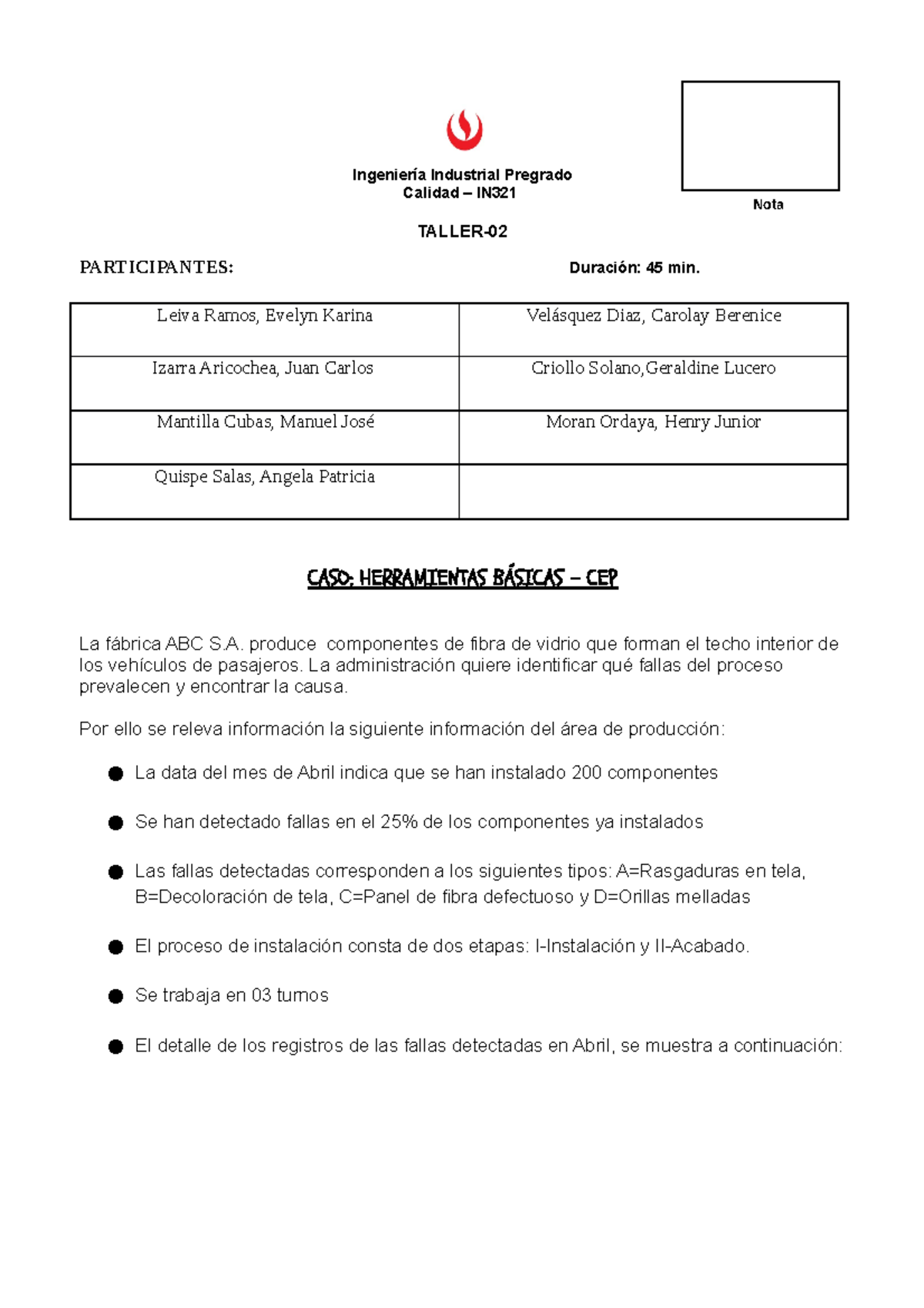 2022-01 Calidad Taller 02-Grupo 6 Calidad Checklist- Pareto- Ishikawa - Ingeniería Industrial ...