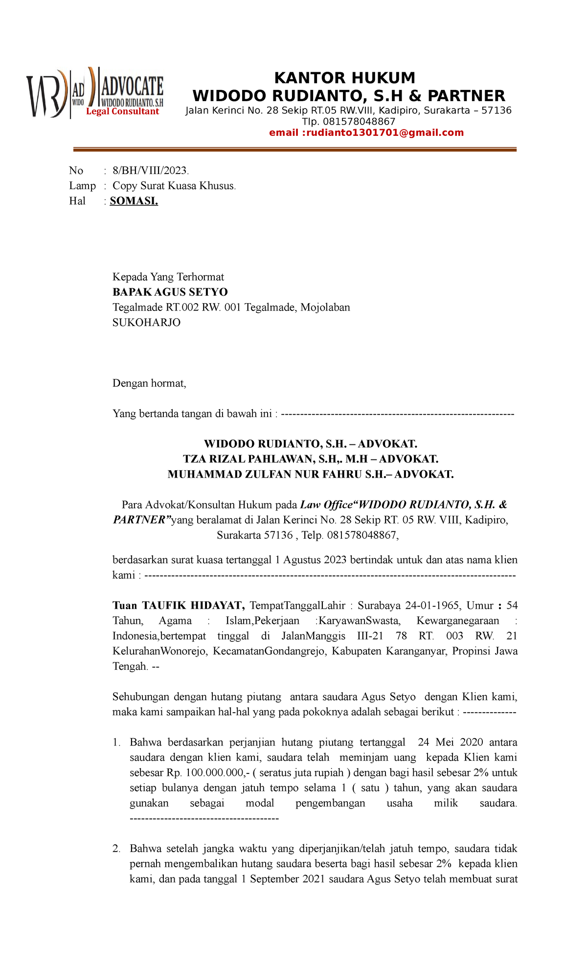 Contoh Somasi - KANTOR HUKUM WIDODO RUDIANTO, S & PARTNER Jalan Kerinci ...
