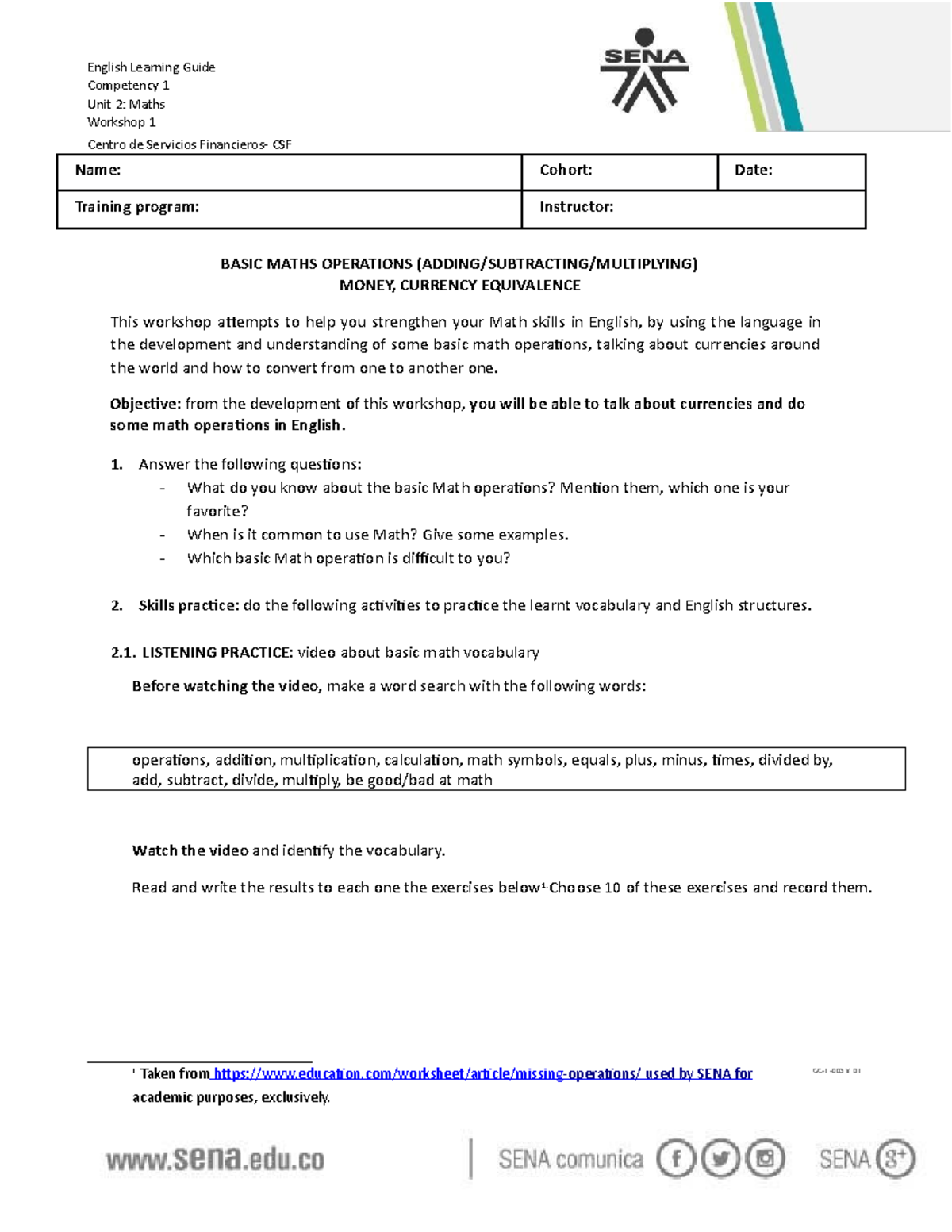 Workshop NO. 1 Basic MATH - Competency 1 Unit 2: Maths Workshop 1 ...