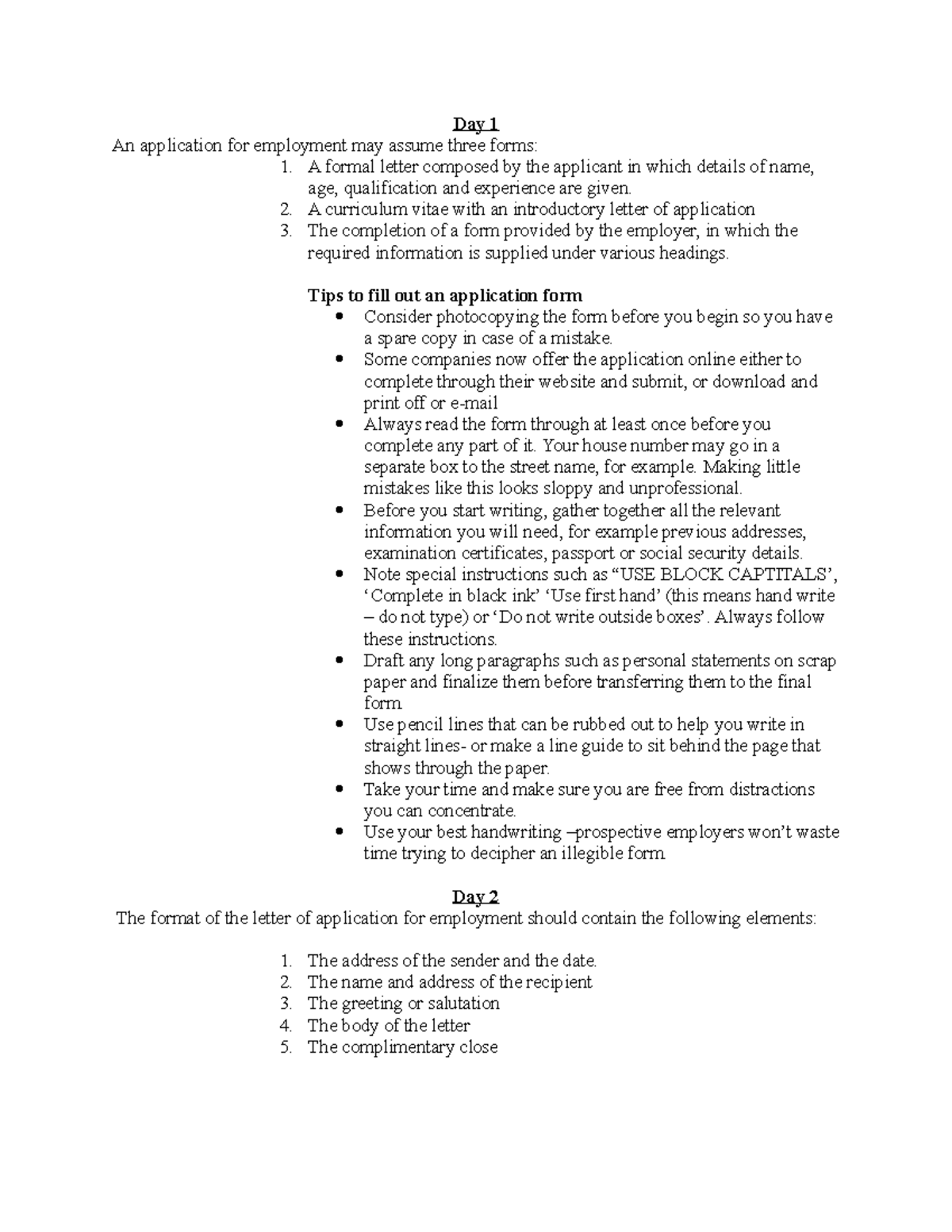 Grade 10 notes and activities - Day 1 An application for employment may ...