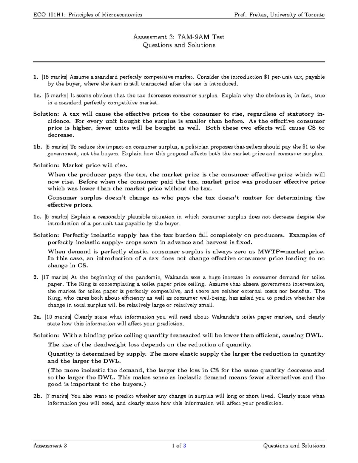 ECO101 (Fall 2020) Assessment 3 - Questions and Solutions - ECO 101H1 ...