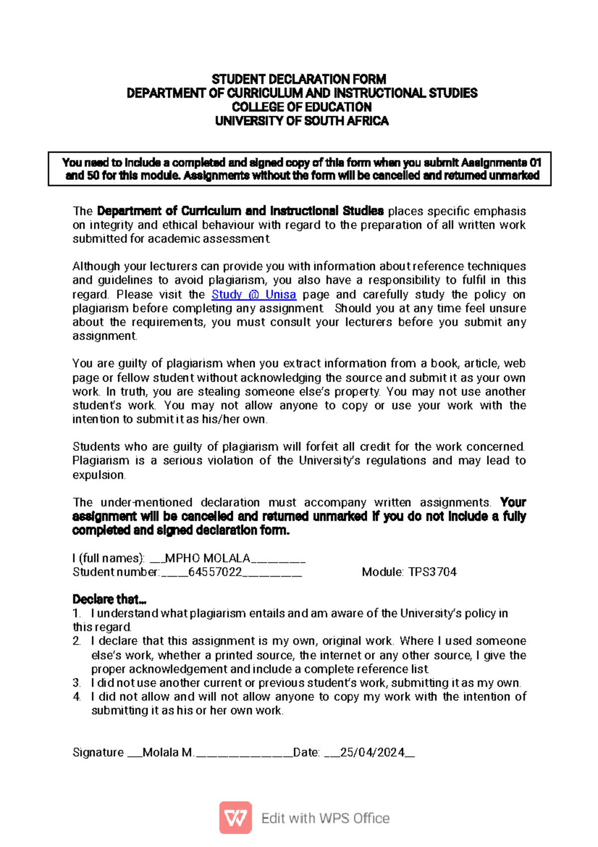 Assignment 1 13 February 2024 assignment 4 - STUDENT DECLARATION FORM DEPARTMENT OF CURRICULUM ...